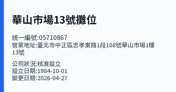 華山市場13號攤位的照片-統編 05710867(臺北市) 公司登記資料與營業項目詳細圖表