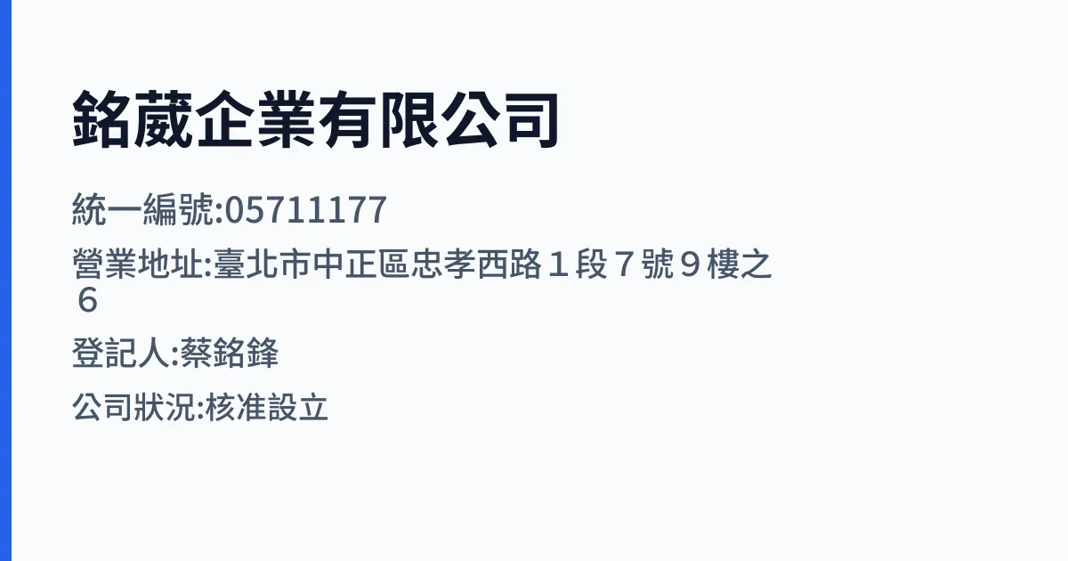 銘葳企業有限公司 - 統編 05711177(臺北市) 公司登記資料與營業項目詳細圖表