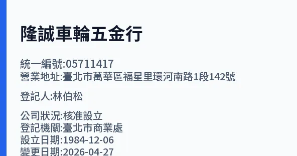 隆誠車輪五金行的照片-統編 05711417(臺北市) 公司登記資料與營業項目詳細圖表