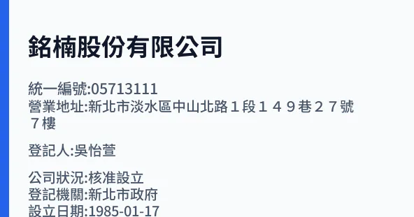 銘楠股份有限公司的照片-統編 05713111(新北市) 公司登記資料與營業項目詳細圖表