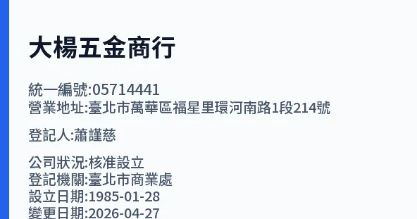 大楊五金商行的照片-統編 05714441(臺北市) 公司登記資料與營業項目詳細圖表