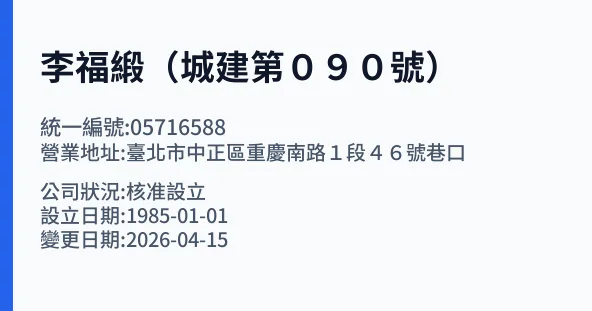 李福緞（城建第０９０號）的照片-統編 05716588(臺北市) 公司登記資料與營業項目詳細圖表