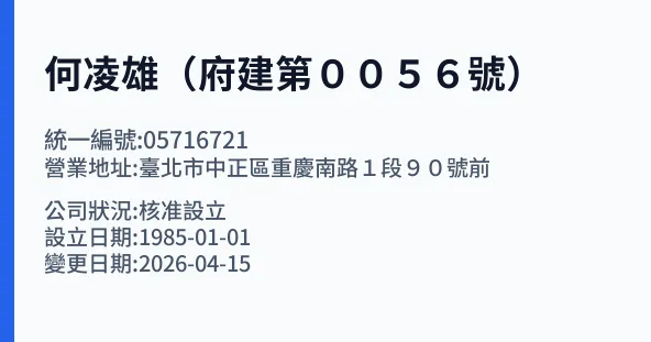 何凌雄（府建第００５６號）的照片-統編 05716721(臺北市) 公司登記資料與營業項目詳細圖表