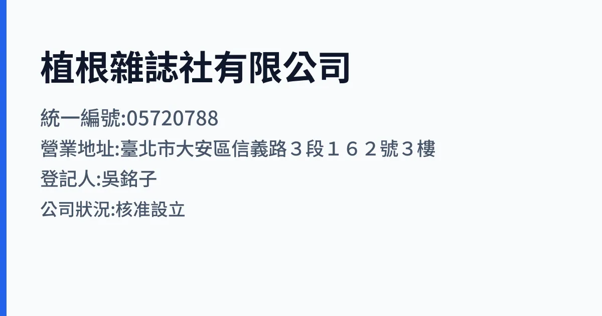 植根雜誌社有限公司 - 統編 05720788(臺北市) 公司登記資料與營業項目詳細圖表