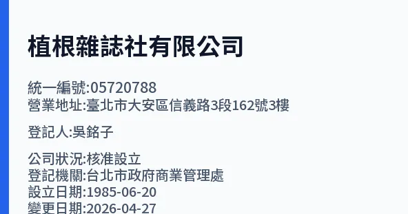 植根雜誌社有限公司的照片-統編 05720788(臺北市) 公司登記資料與營業項目詳細圖表
