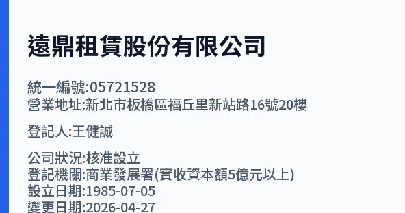 遠鼎租賃股份有限公司的照片-統編 05721528(新北市) 公司登記資料與營業項目詳細圖表