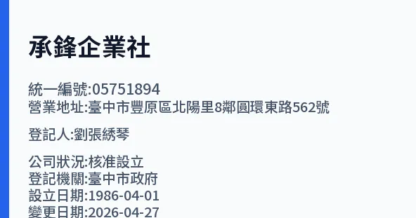 承鋒企業社的照片-統編 05751894(臺中市) 公司登記資料與營業項目詳細圖表
