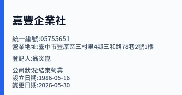 嘉豐企業社的照片-統編 05755651(臺中市) 公司登記資料與營業項目詳細圖表