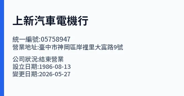 上新汽車電機行的照片-統編 05758947(臺中市) 公司登記資料與營業項目詳細圖表