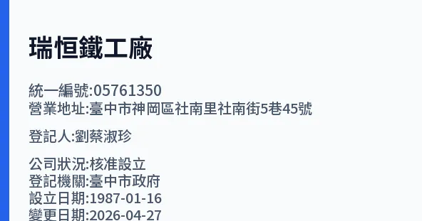 瑞恒鐵工廠的照片-統編 05761350(臺中市) 公司登記資料與營業項目詳細圖表