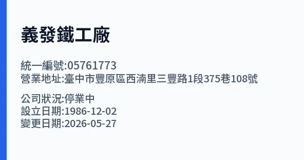 義發鐵工廠的照片-統編 05761773(臺中市) 公司登記資料與營業項目詳細圖表