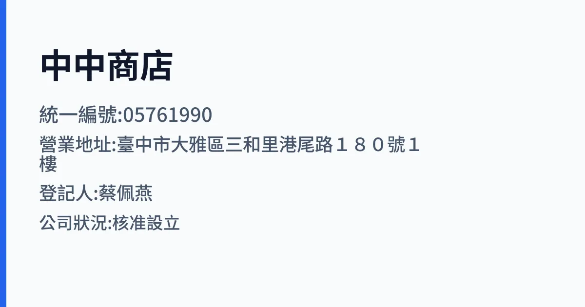 中中商店 - 統編 05761990(臺中市) 公司登記資料與營業項目詳細圖表
