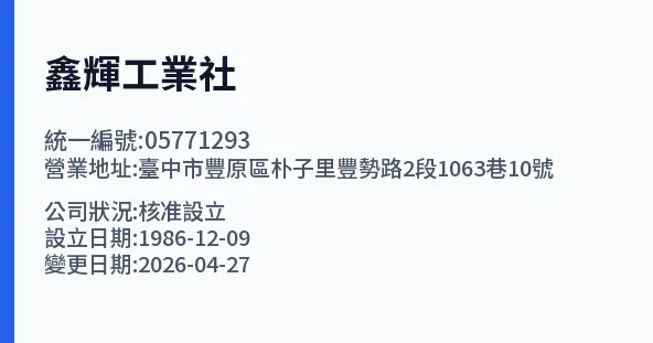 鑫輝工業社的照片-統編 05771293(臺中市) 公司登記資料與營業項目詳細圖表