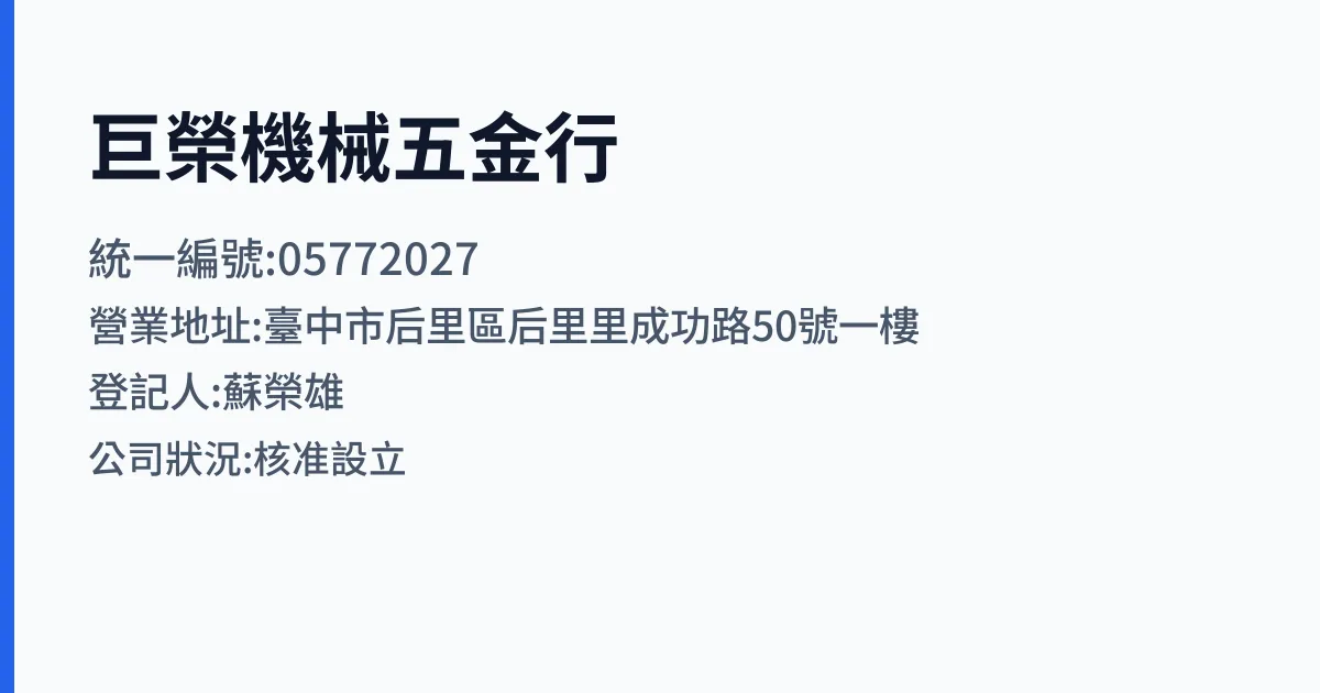 巨榮機械五金行 - 統編 05772027(臺中市) 公司登記資料與營業項目詳細圖表