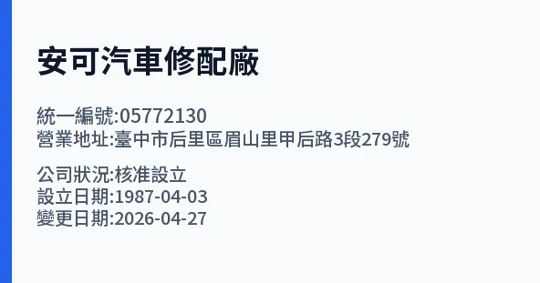 安可汽車修配廠的照片-統編 05772130(臺中市) 公司登記資料與營業項目詳細圖表