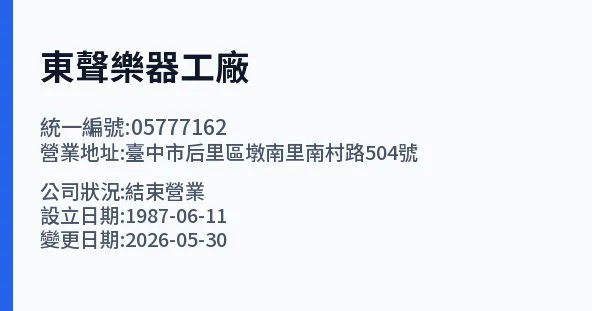 東聲樂器工廠的照片-統編 05777162(臺中市) 公司登記資料與營業項目詳細圖表