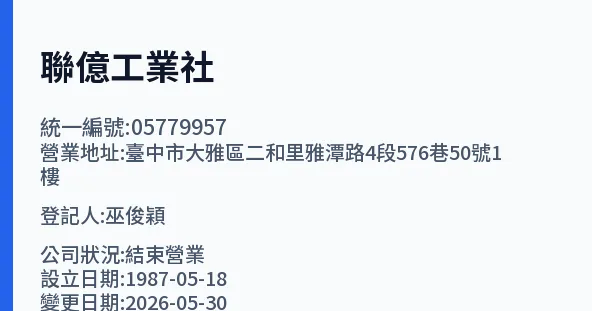 聯億工業社的照片-統編 05779957(臺中市) 公司登記資料與營業項目詳細圖表