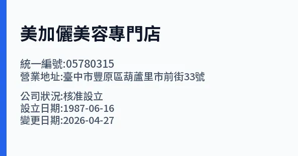 美加儷美容專門店的照片-統編 05780315(臺中市) 公司登記資料與營業項目詳細圖表