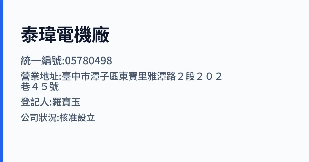泰瑋電機廠 - 統編 05780498(臺中市) 公司登記資料與營業項目詳細圖表