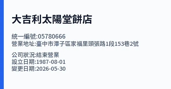 大吉利太陽堂餅店的照片-統編 05780666(臺中市) 公司登記資料與營業項目詳細圖表