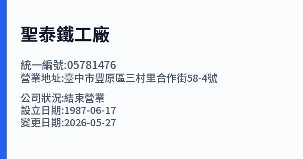 聖泰鐵工廠的照片-統編 05781476(臺中市) 公司登記資料與營業項目詳細圖表