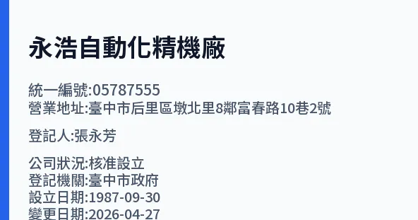 永浩自動化精機廠的照片-統編 05787555(臺中市) 公司登記資料與營業項目詳細圖表