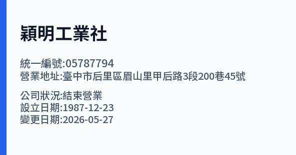 穎明工業社的照片-統編 05787794(臺中市) 公司登記資料與營業項目詳細圖表