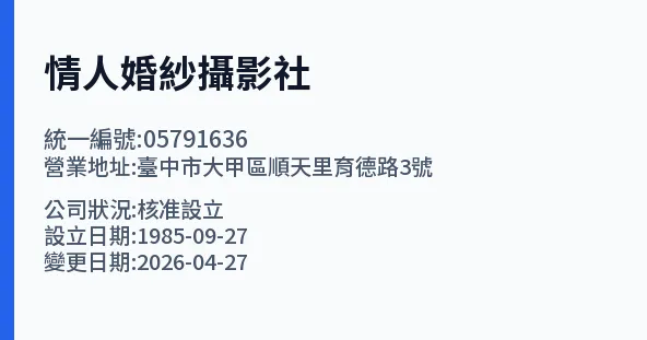 情人婚紗攝影社的照片-統編 05791636(臺中市) 公司登記資料與營業項目詳細圖表