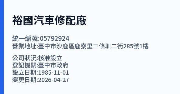 裕國汽車修配廠的照片-統編 05792924(臺中市) 公司登記資料與營業項目詳細圖表