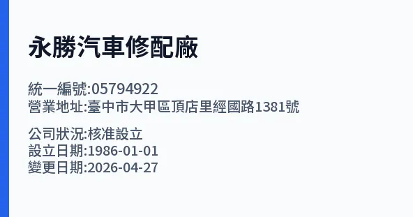 永勝汽車修配廠的照片-統編 05794922(臺中市) 公司登記資料與營業項目詳細圖表