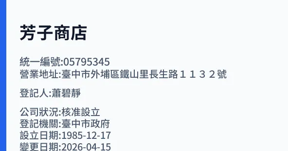 芳子商店的照片-統編 05795345(臺中市) 公司登記資料與營業項目詳細圖表