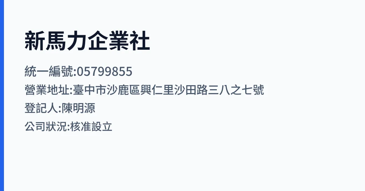 新馬力企業社 - 統編 05799855(臺中市) 公司登記資料與營業項目詳細圖表