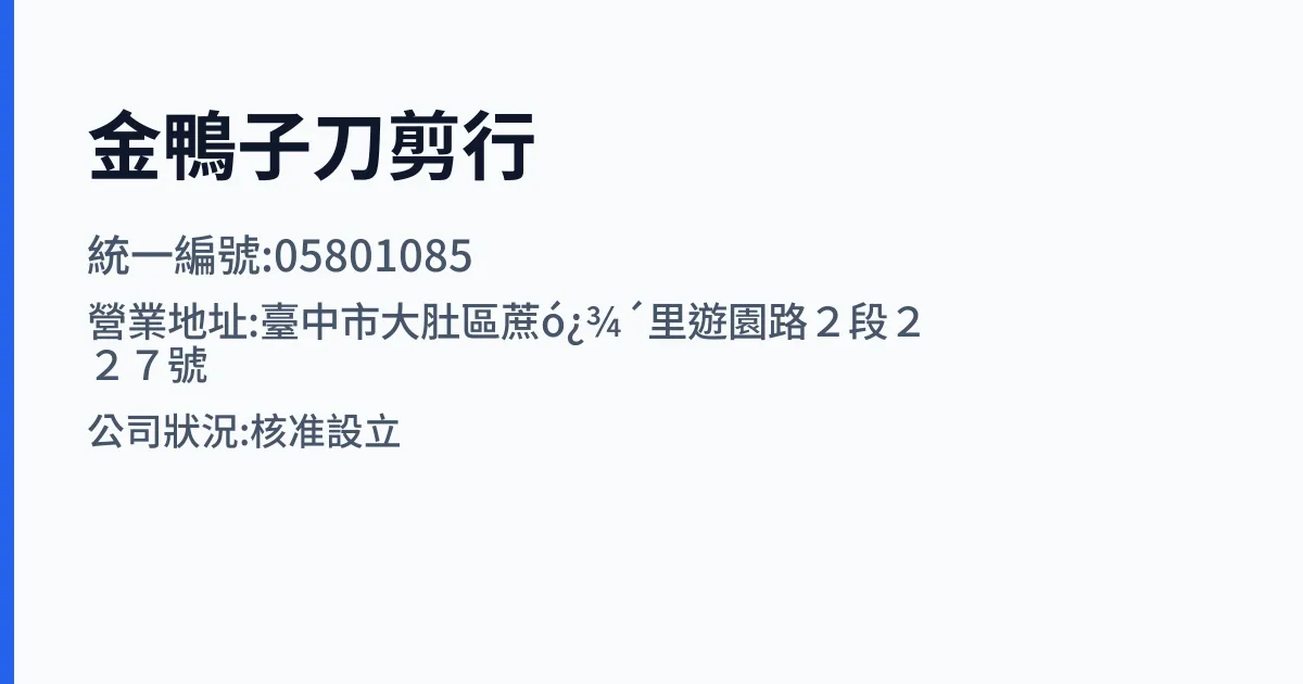 金鴨子刀剪行 - 統編 05801085(臺中市) 公司登記資料與營業項目詳細圖表
