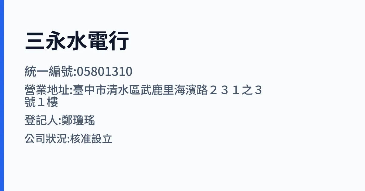 三永水電行 - 統編 05801310(臺中市) 公司登記資料與營業項目詳細圖表