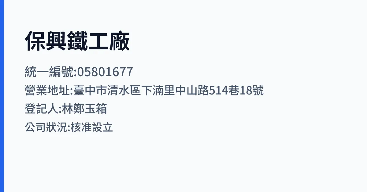 保興鐵工廠 - 統編 05801677(臺中市) 公司登記資料與營業項目詳細圖表