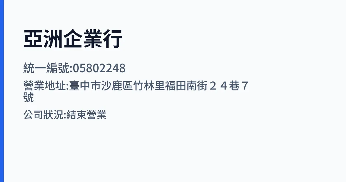 亞洲企業行 - 統編 05802248(臺中市) 公司登記資料與營業項目詳細圖表