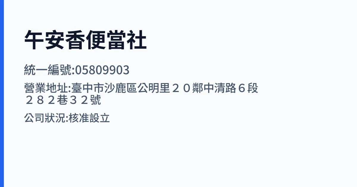 午安香便當社 - 統編 05809903(臺中市) 公司登記資料與營業項目詳細圖表