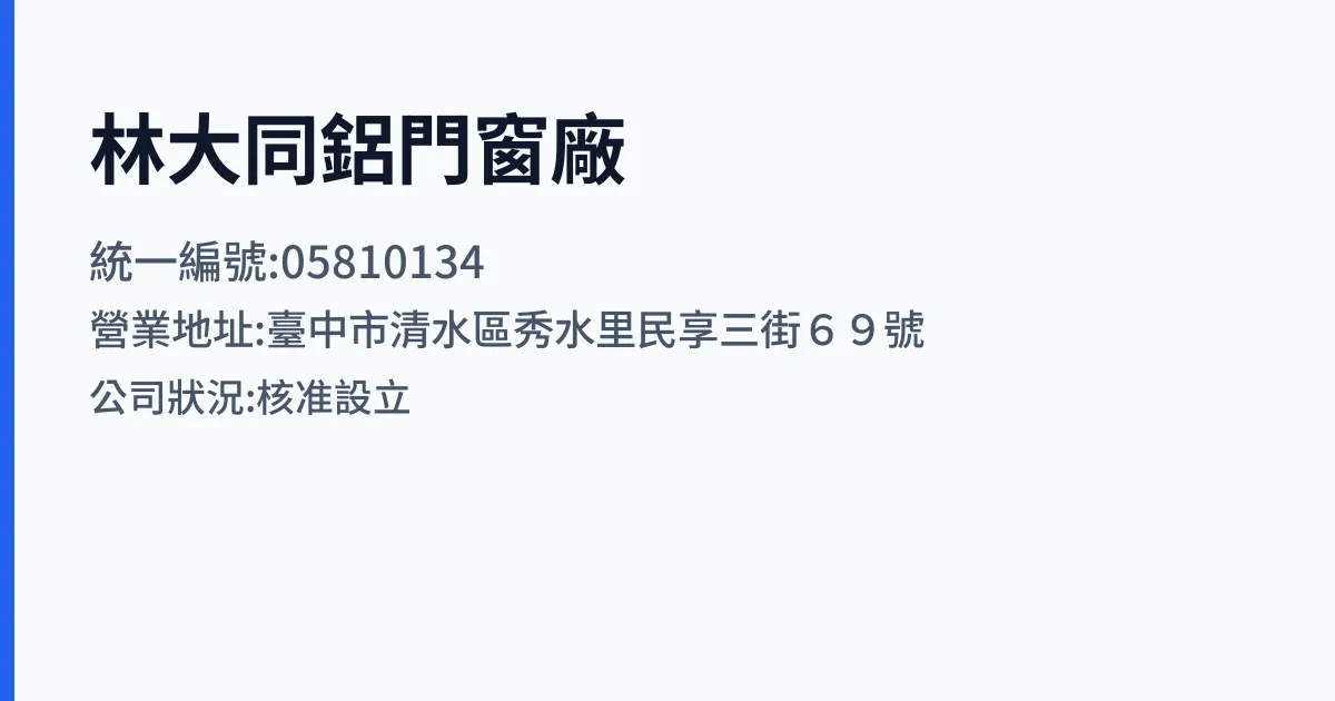 林大同鋁門窗廠 - 統編 05810134(臺中市) 公司登記資料與營業項目詳細圖表