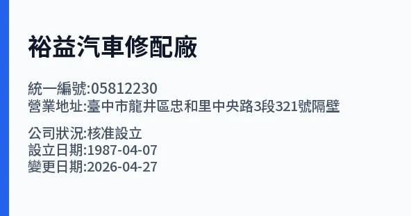 裕益汽車修配廠的照片-統編 05812230(臺中市) 公司登記資料與營業項目詳細圖表