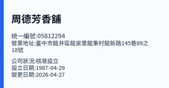 周德芳香舖的照片-統編 05812294(臺中市) 公司登記資料與營業項目詳細圖表