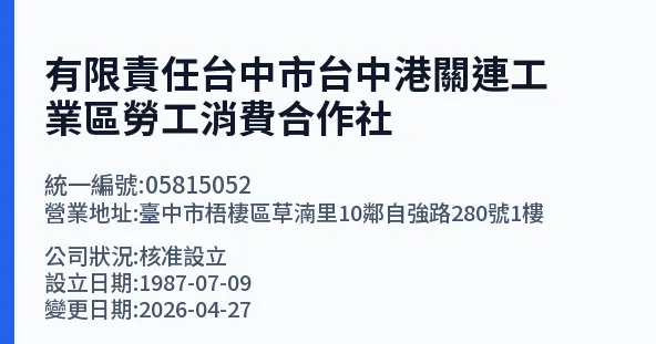 有限責任台中市台中港關連工業區勞工消費合作社的照片-統編 05815052(臺中市) 公司登記資料與營業項目詳細圖表