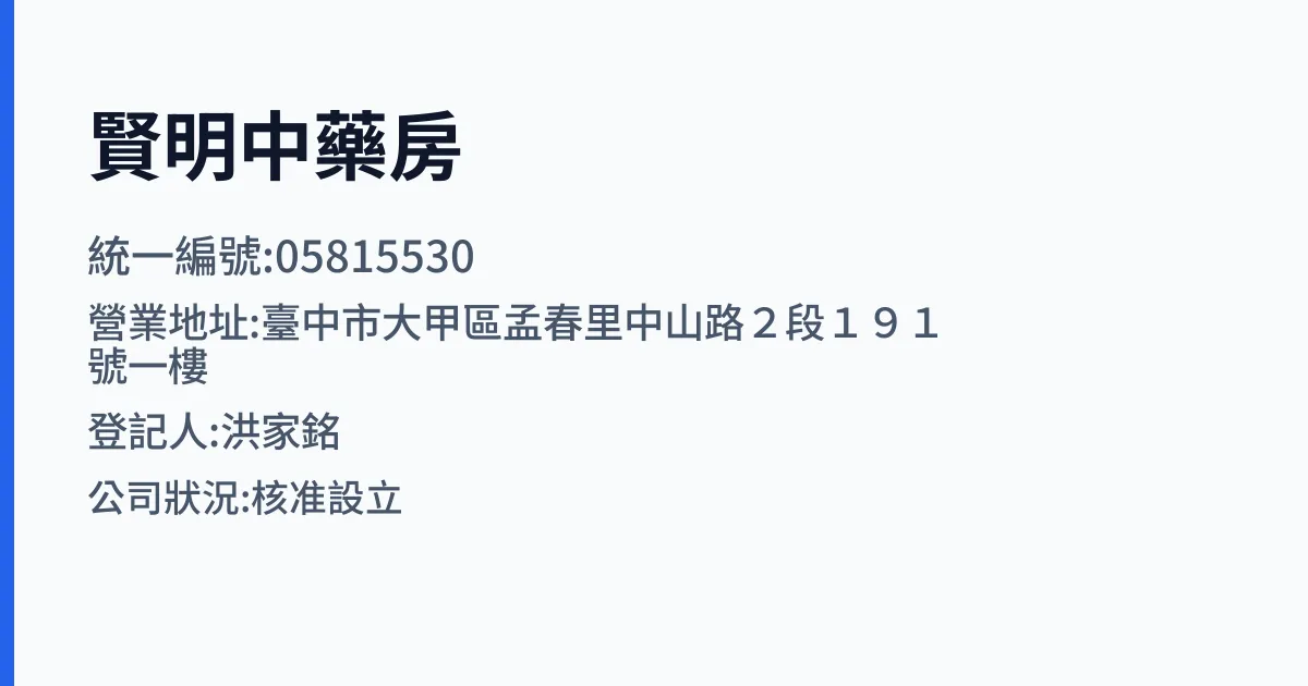 賢明中藥房 - 統編 05815530(臺中市) 公司登記資料與營業項目詳細圖表