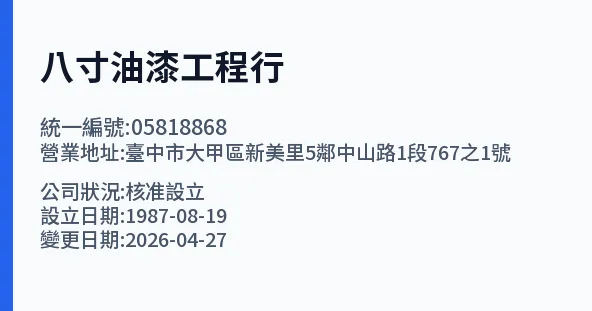八寸油漆工程行的照片-統編 05818868(臺中市) 公司登記資料與營業項目詳細圖表