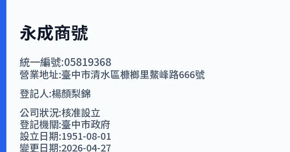 永成商號的照片-統編 05819368(臺中市) 公司登記資料與營業項目詳細圖表