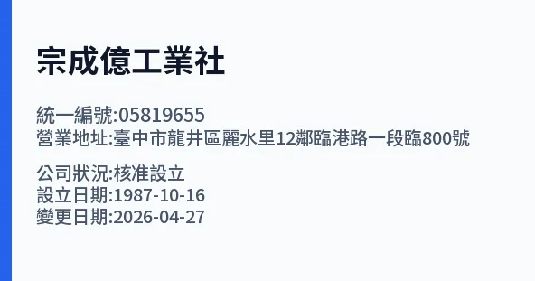 宗成億工業社的照片-統編 05819655(臺中市) 公司登記資料與營業項目詳細圖表