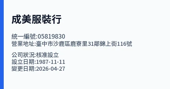 成美服裝行的照片-統編 05819830(臺中市) 公司登記資料與營業項目詳細圖表
