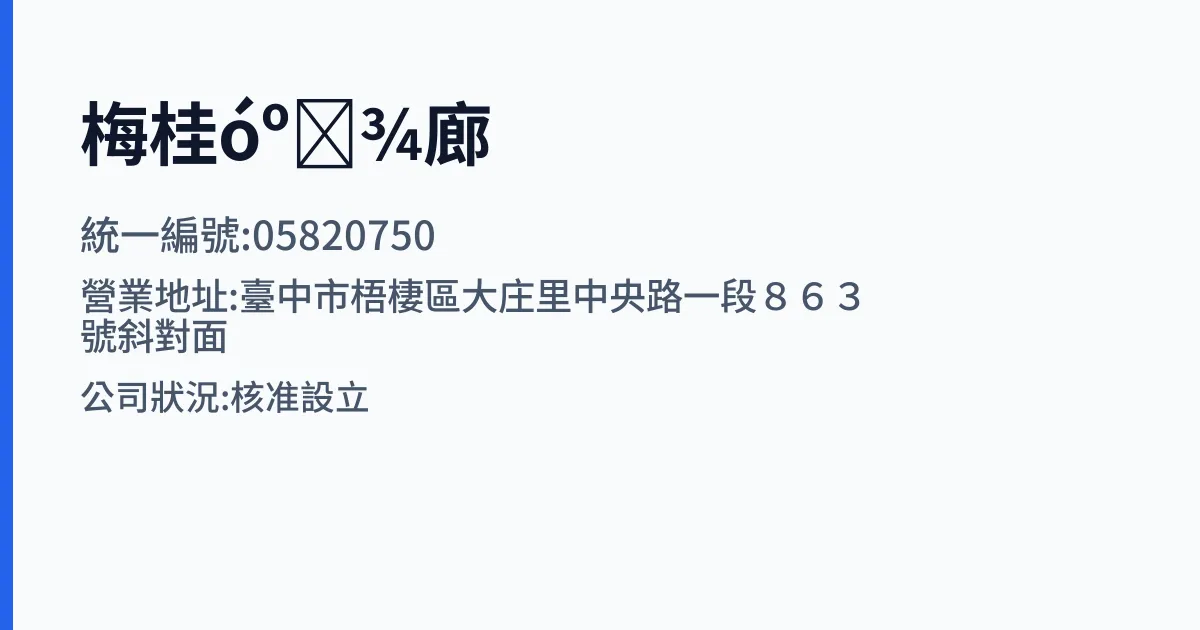 梅桂󺏾廊 - 統編 05820750(臺中市) 公司登記資料與營業項目詳細圖表