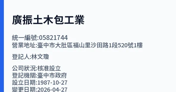 廣振土木包工業的照片-統編 05821744(臺中市) 公司登記資料與營業項目詳細圖表
