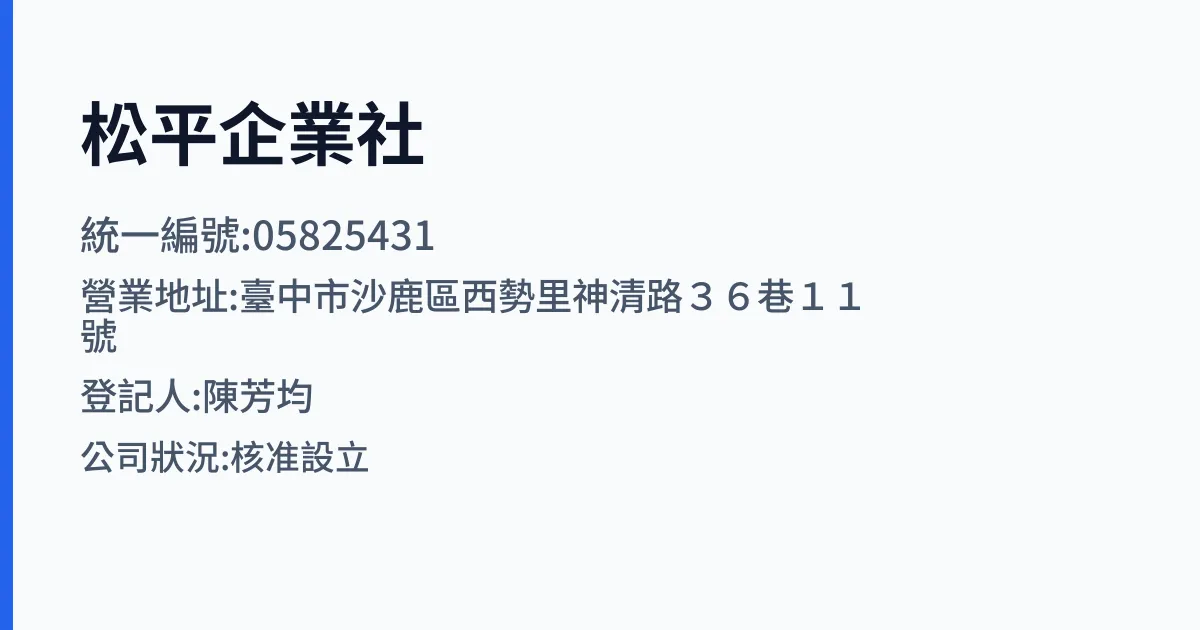 松平企業社 - 統編 05825431(臺中市) 公司登記資料與營業項目詳細圖表