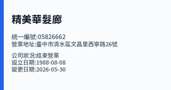 精美華髮廊的照片-統編 05826662(臺中市) 公司登記資料與營業項目詳細圖表